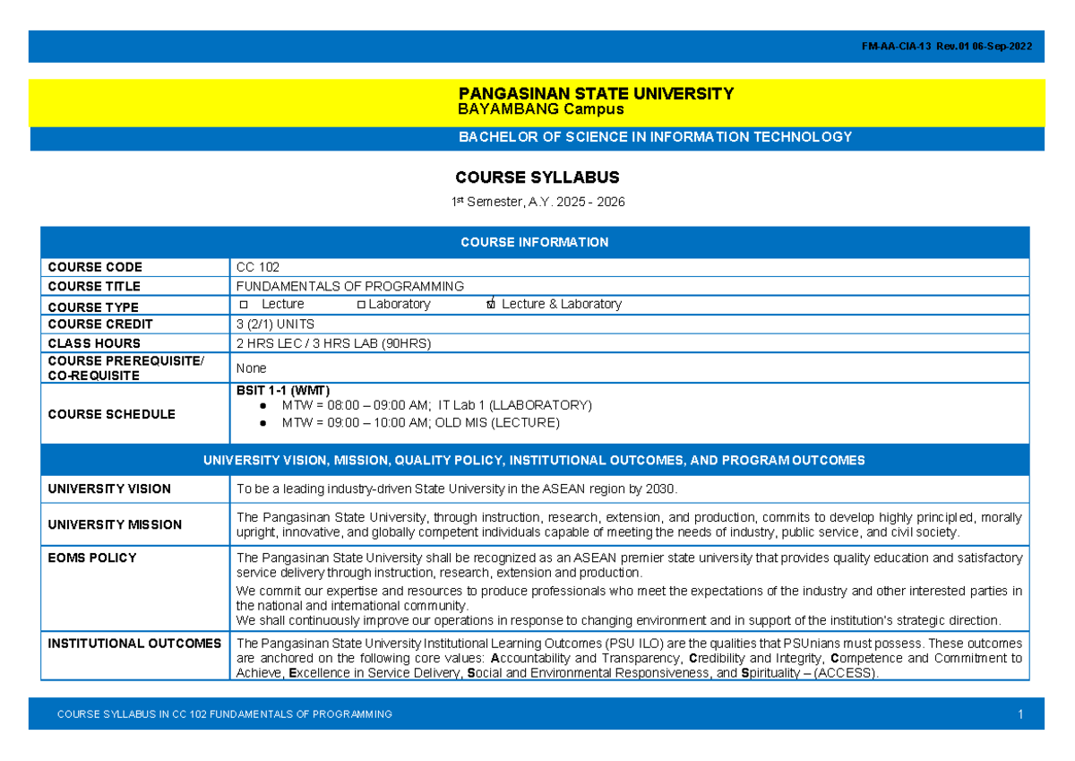 CC 102 - Syllabus for Fundamentals of Programming (1st Sem A.Y. 2025 ...