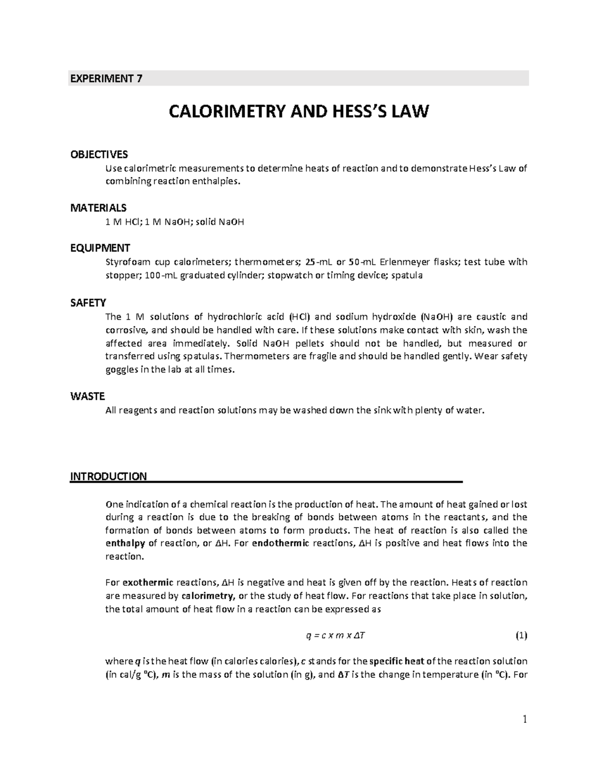 Calorimetry and Hess's Law Experiment Report (Chem 101 Lab 9) - Studocu