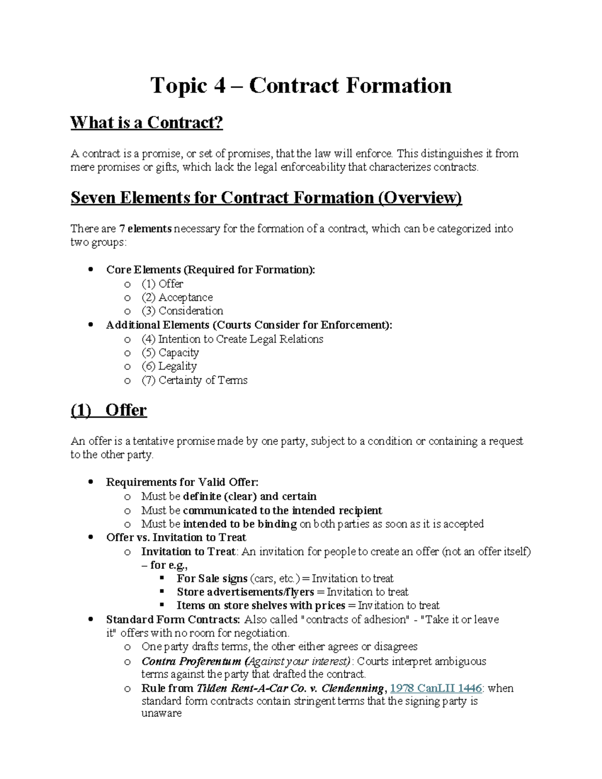 Contract Law Notes: Topic 4 - Contract Formation Essentials - Studocu