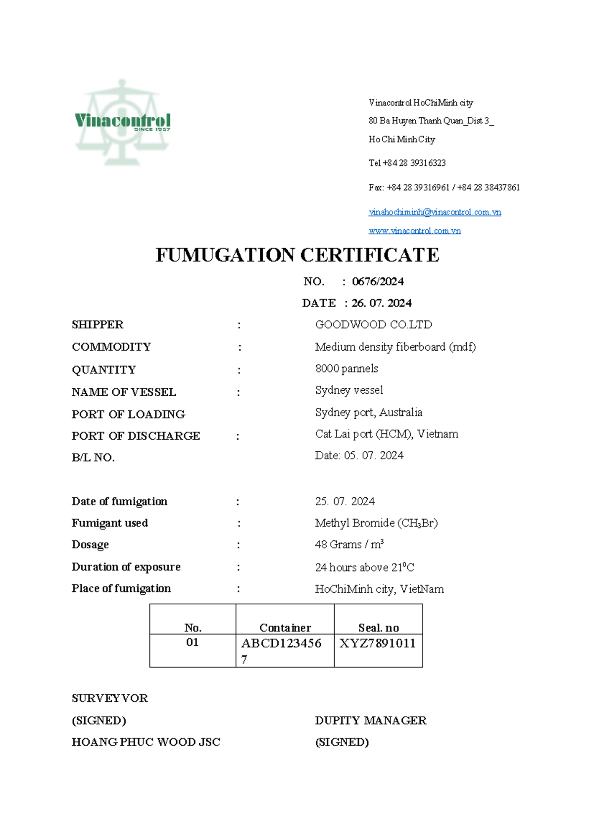 Fumigation Certificate No. 0676/ - Ho Chi Minh City Details - Studocu