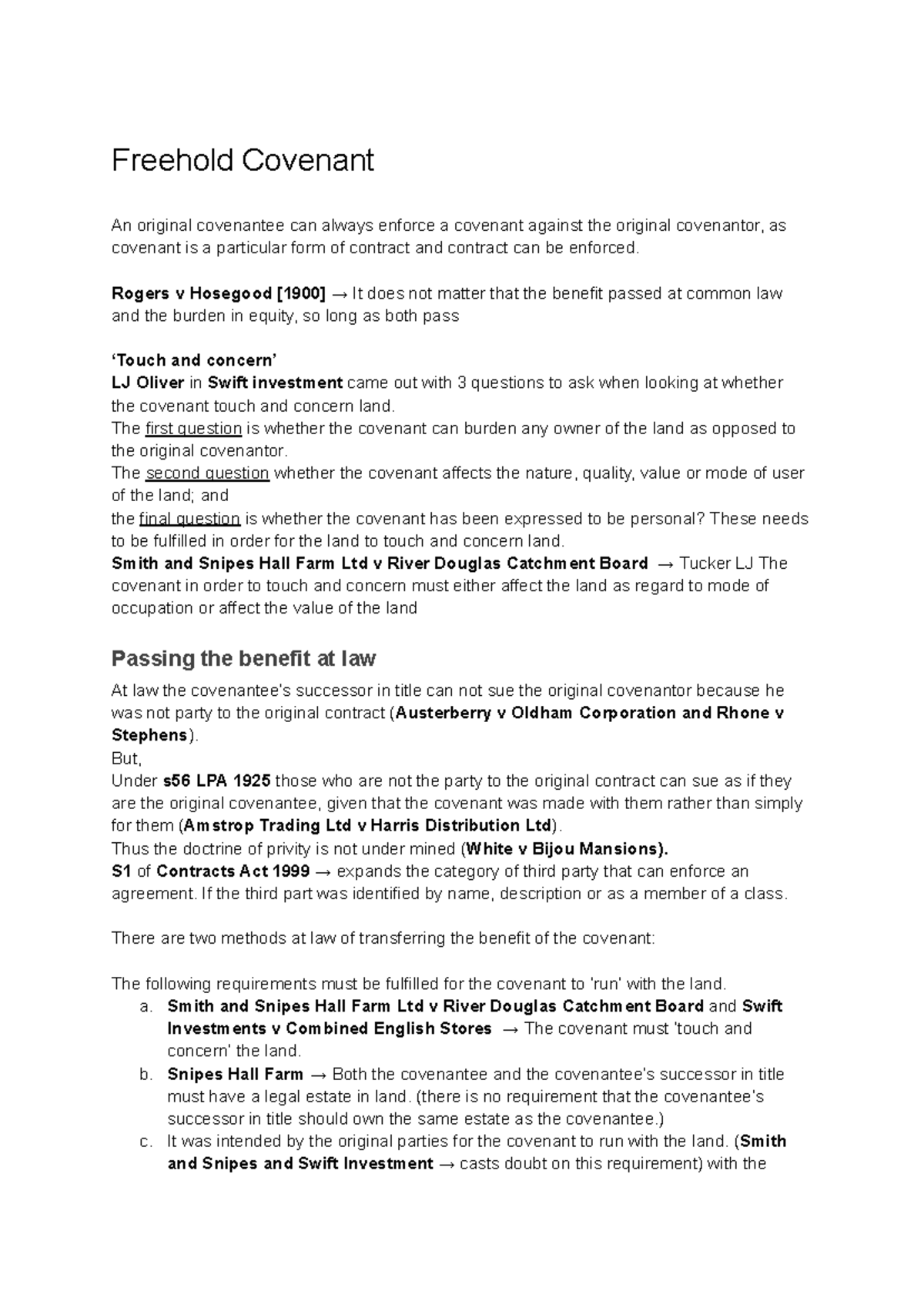 Freehold Covenant: Essential Summary Notes for Law Studies - Studocu