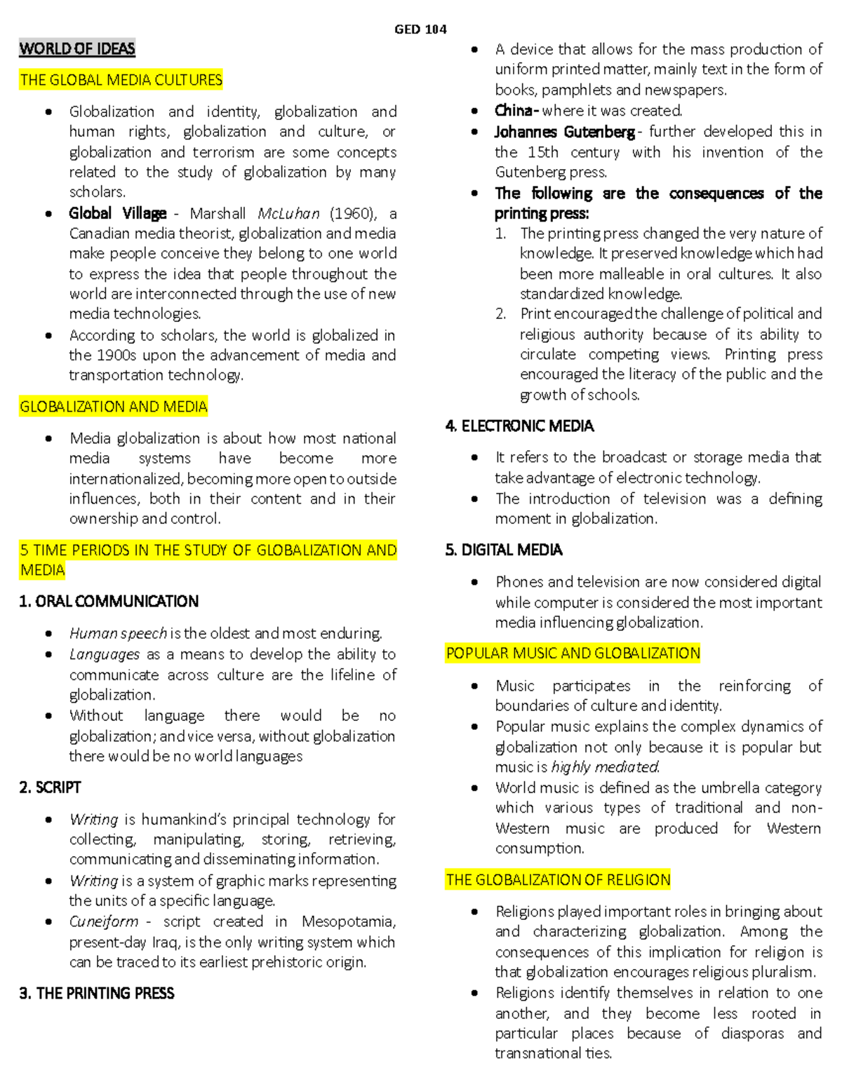 GED 104 - Final Exam Review: Globalization, Media, and Citizenship ...