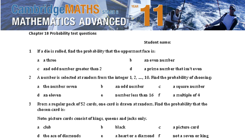 Ch 10 Probability Test Questions - Mathematics - Studocu