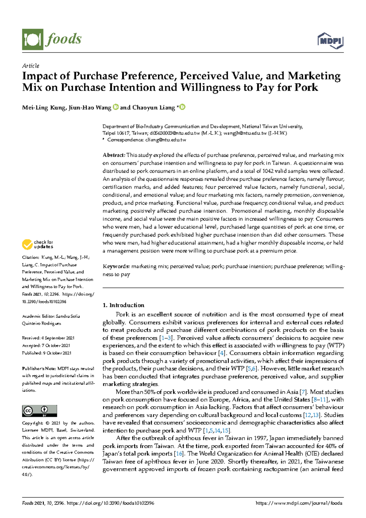 Impact of Purchase Preference and Marketing Mix on Pork WTP (Foods 2021 ...