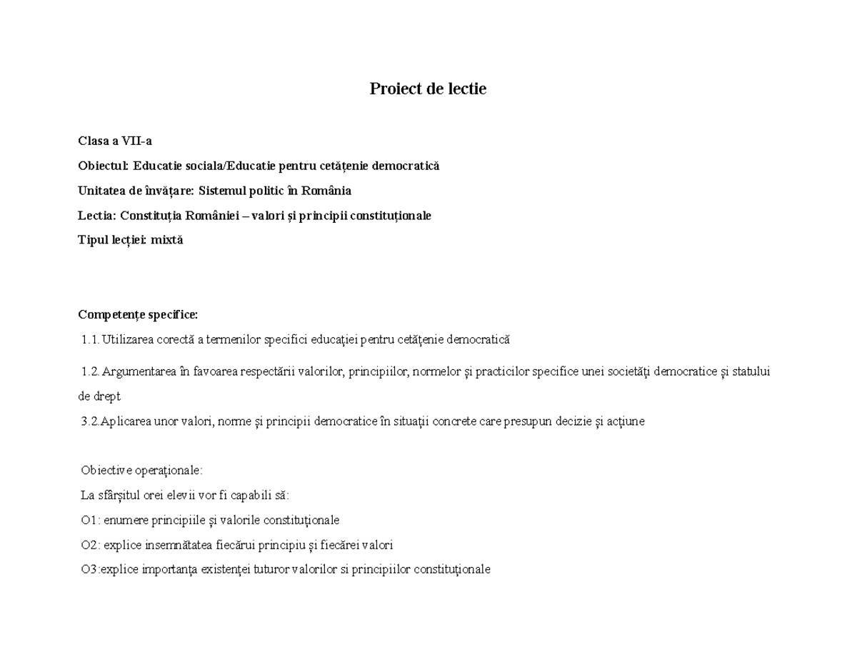 Clasa a 7a principii si valori constitutionale proiect didactic - Proiect de lectie Clasa a VII ...