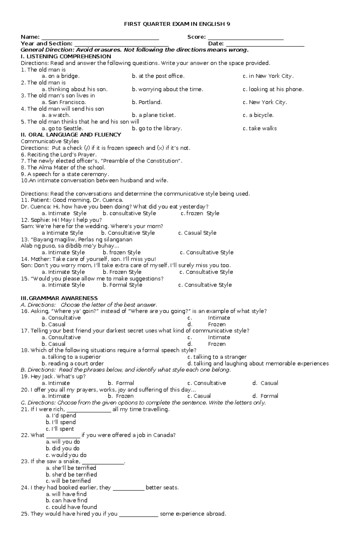 English 9 First Quarter Exam Sample for Listening and Grammar - Studocu