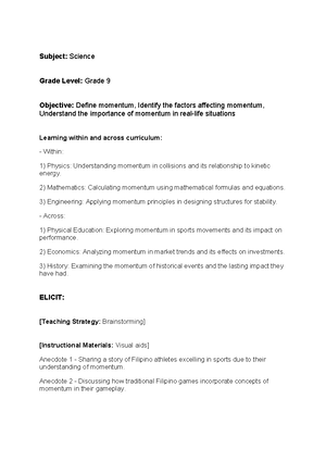 Lesson plan (Gr9Momentum) - Subject: Science Grade Level: Grade 9 ...
