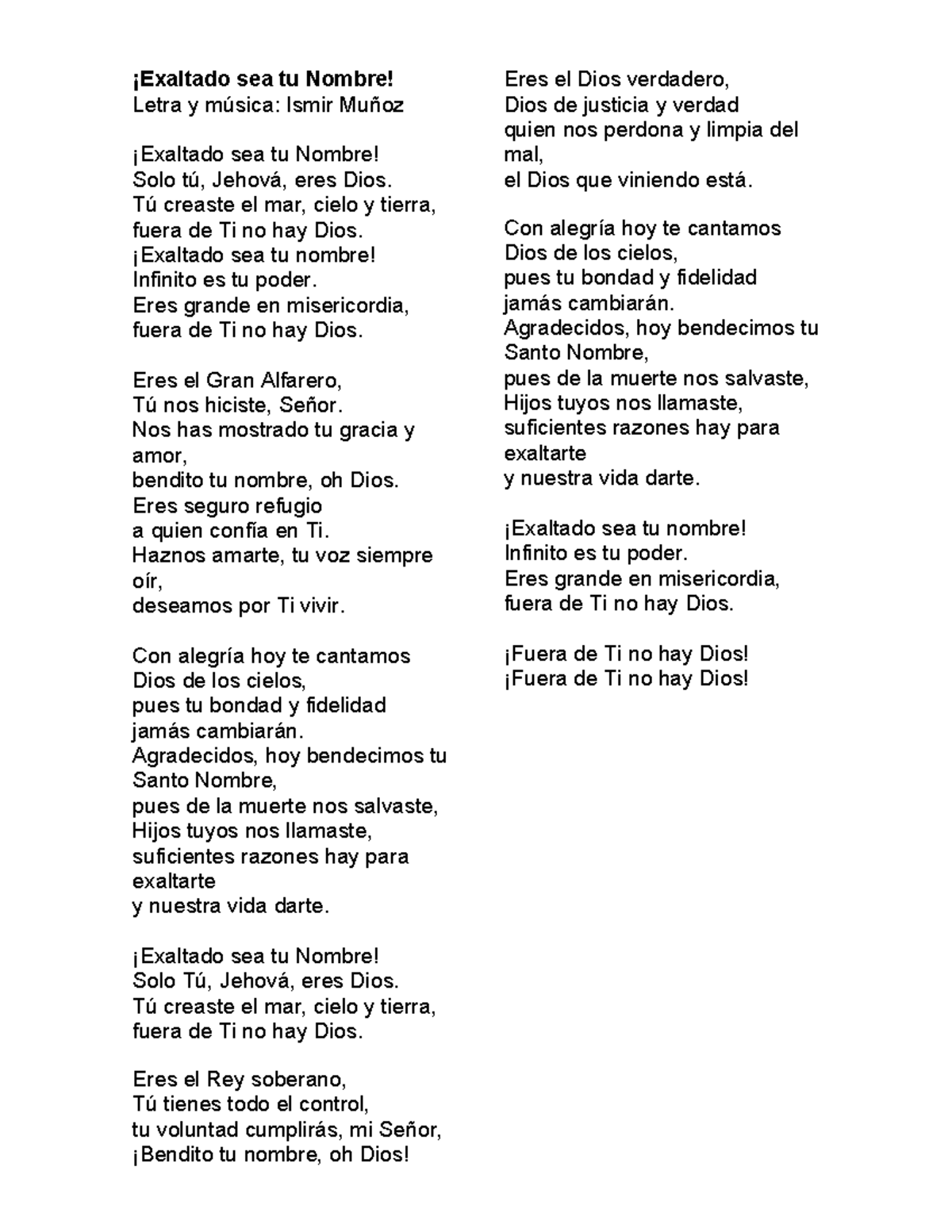 Exaltado sea tu Nombre - Letra y Música de Ismir Muñoz - Studocu