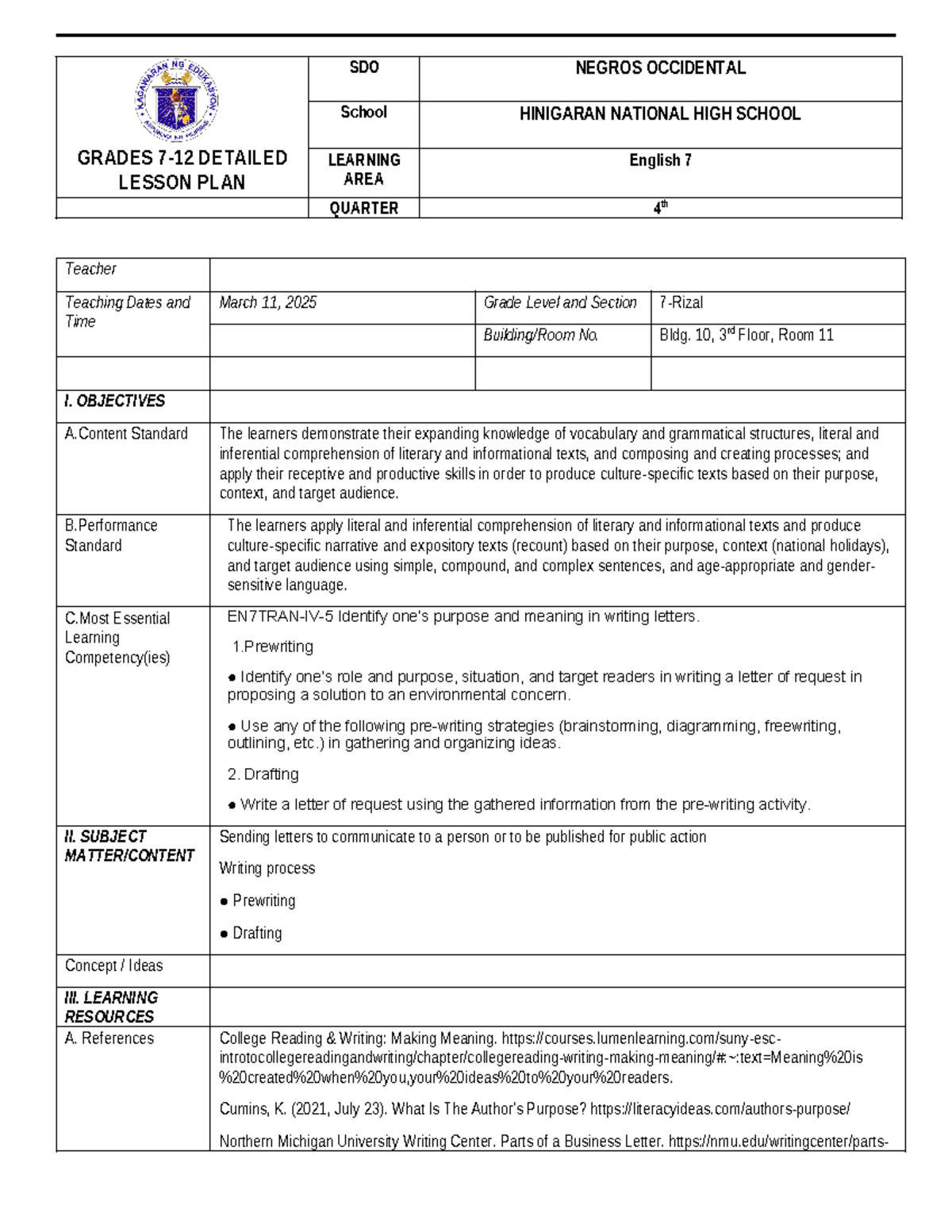 CO 4th Q Lesson Plan: Writing Request Letters in English 7 - Studocu