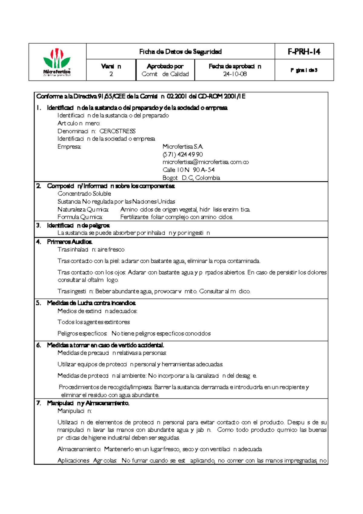 MSDS Cerostress: Ficha de Datos de Seguridad Aprobada - Versión 2 - Studocu