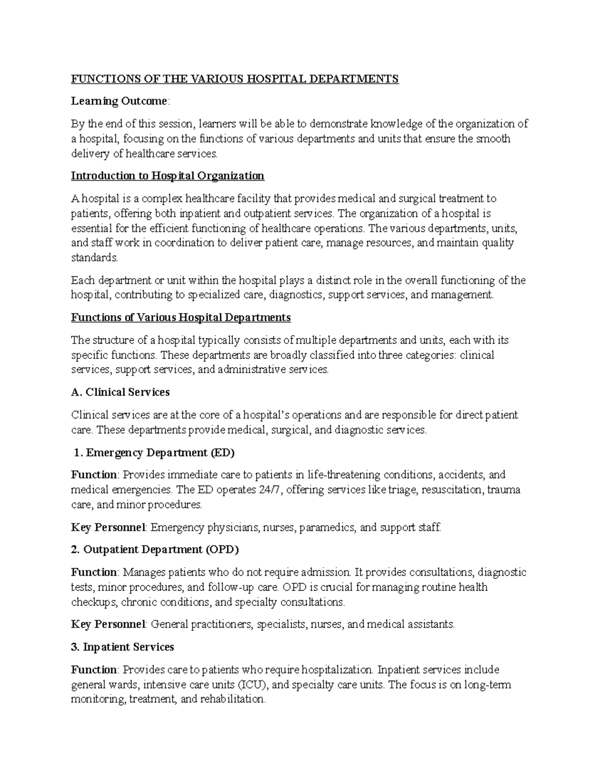 Functions of Hospital Departments: Understanding Their Roles and ...