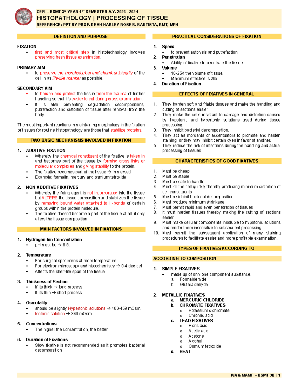 LEC 2 Histopathology: Understanding Tissue Fixatives and Their ...