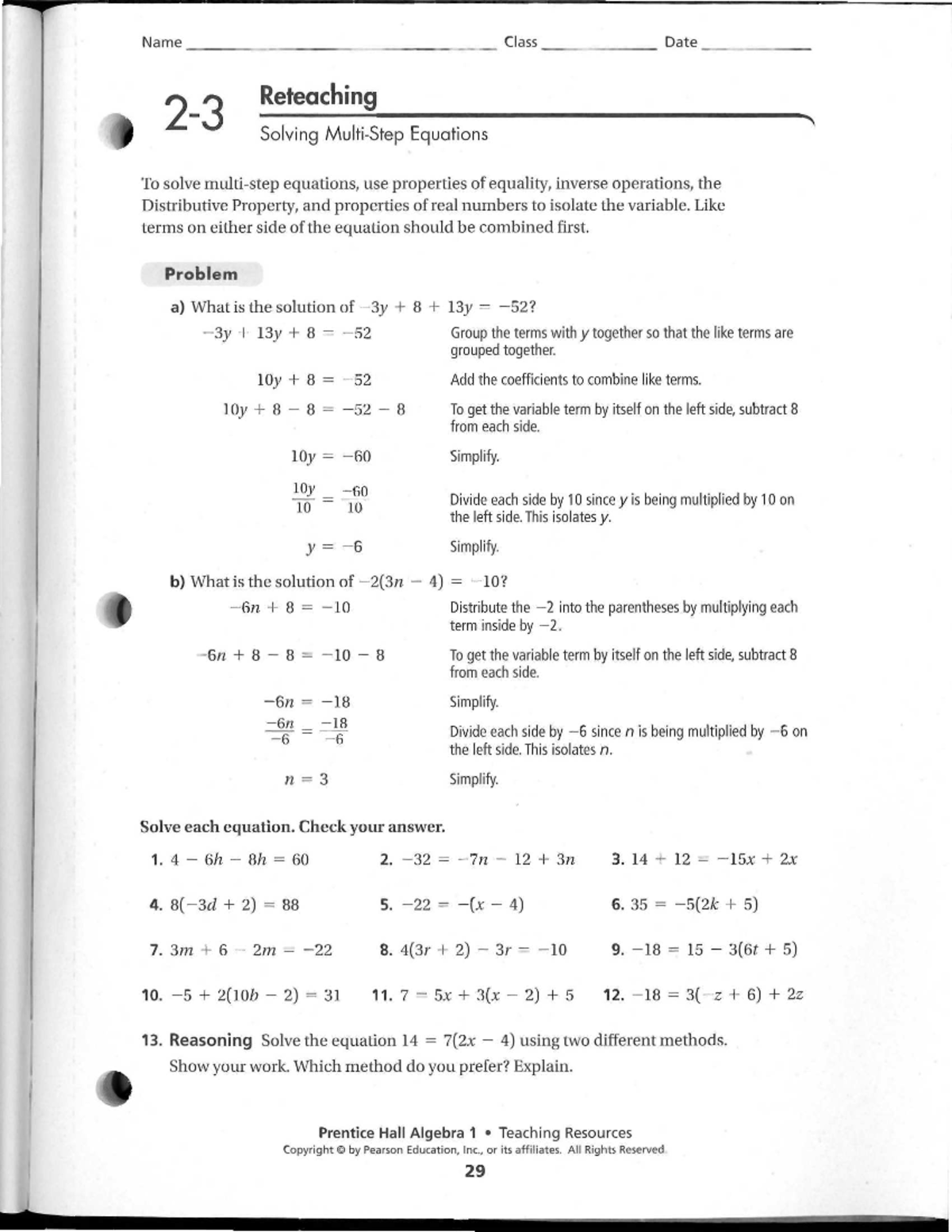 Reteaching Worksheet: Solving Multi-Step Equations (Spanish 1-3) - Studocu