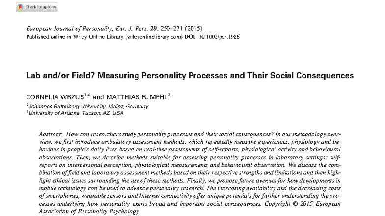 Lab vs. Field: Exploring Personality Processes and Social Consequences ...