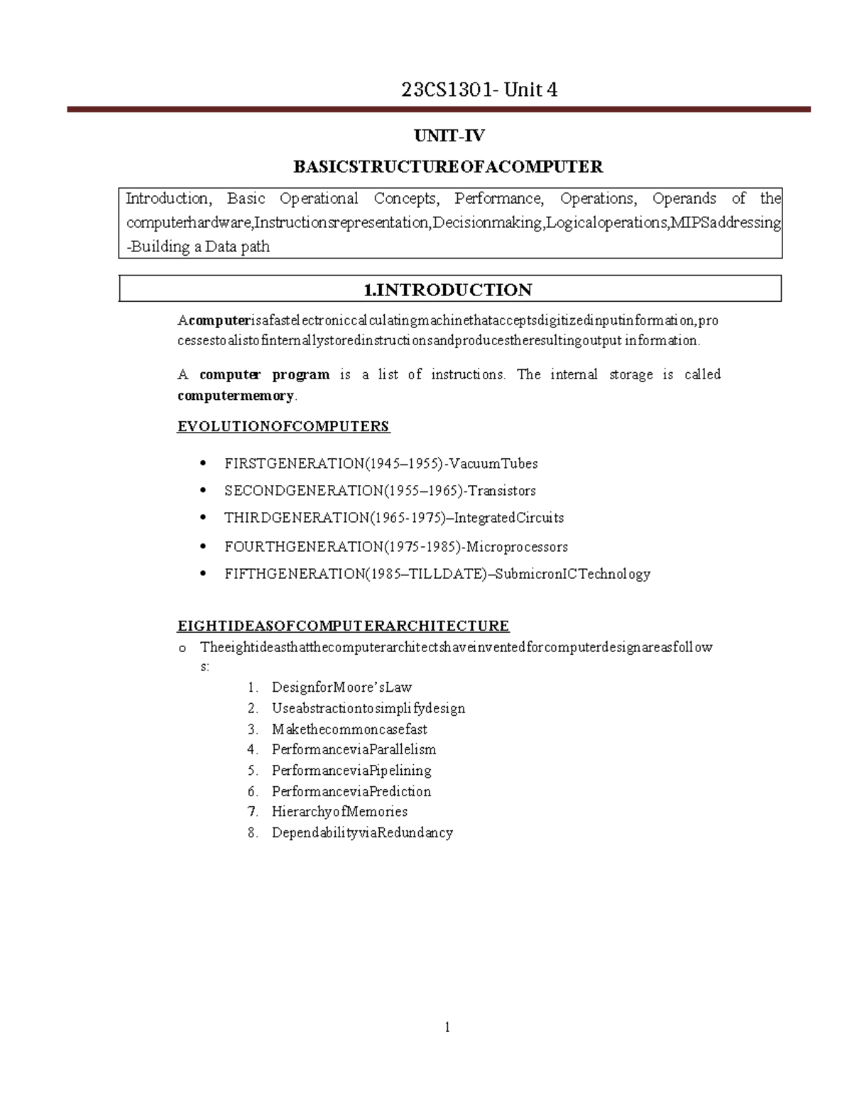 DPCA - Unit 4 - Basic structure of a computer and operational concepts ...