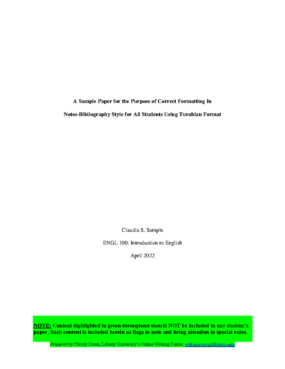 ENGL 100: Turabian Sample Paper & Formatting Guide for Students - Studocu