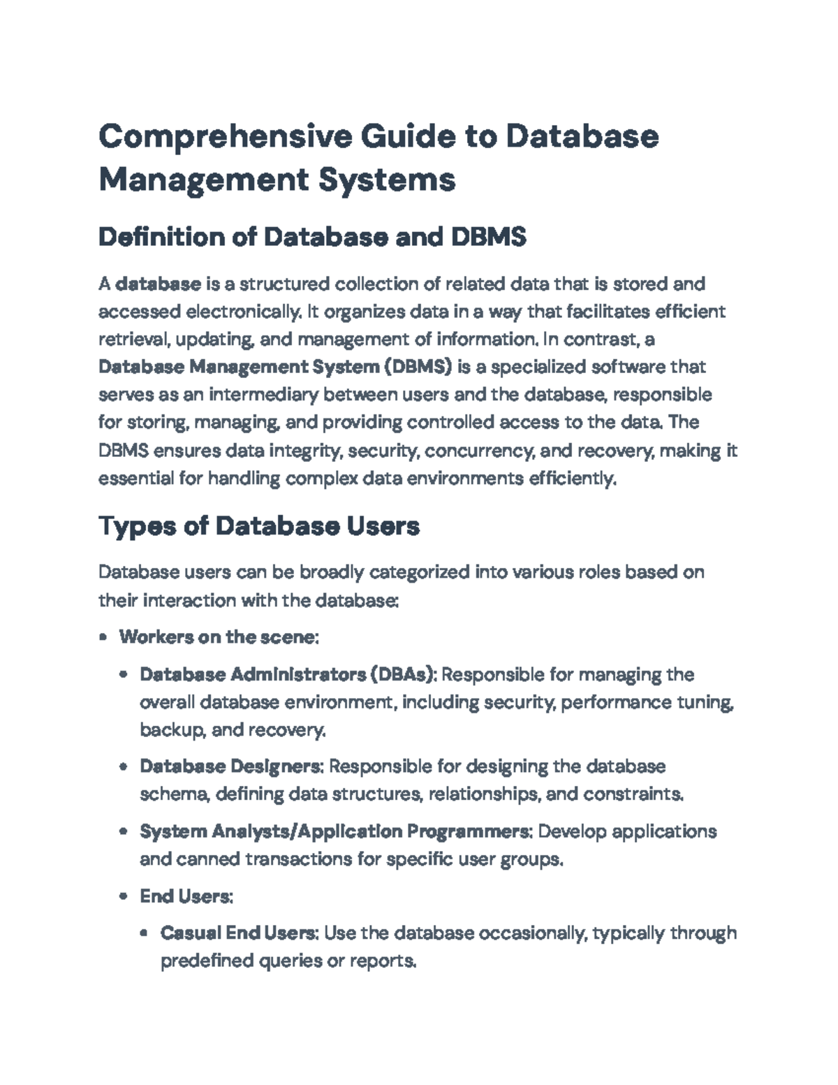 Comprehensive DBMS Overview: Definitions, Roles, and Models - Studocu