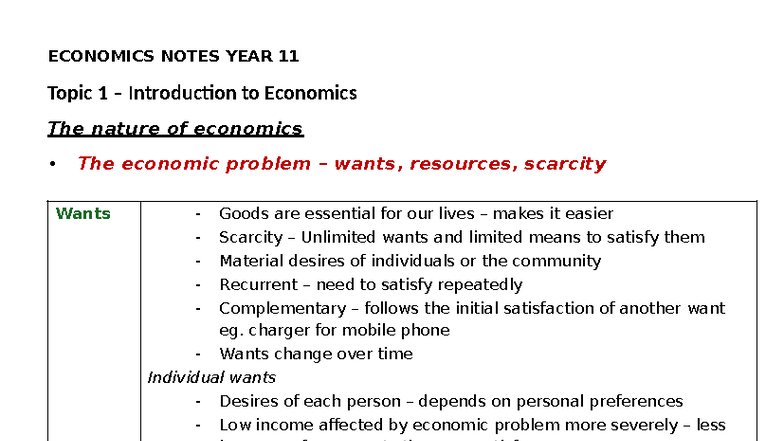 ECONOMICS NOTES YEAR 11: Term 1 Overview and Key Concepts - Studocu
