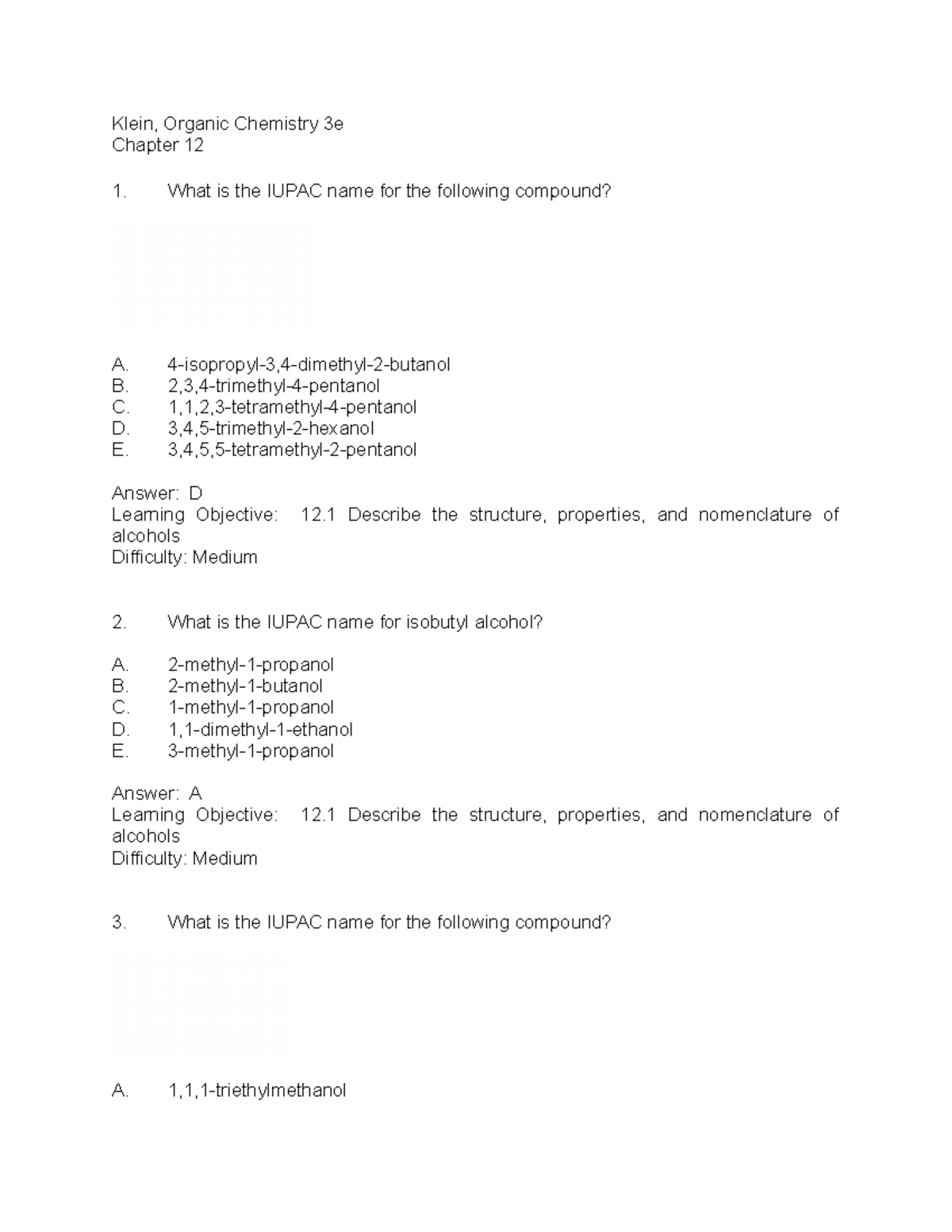 Klein Orgo 3rd Ed. Chapter 12 Test Bank: Alcohol Nomenclature ...