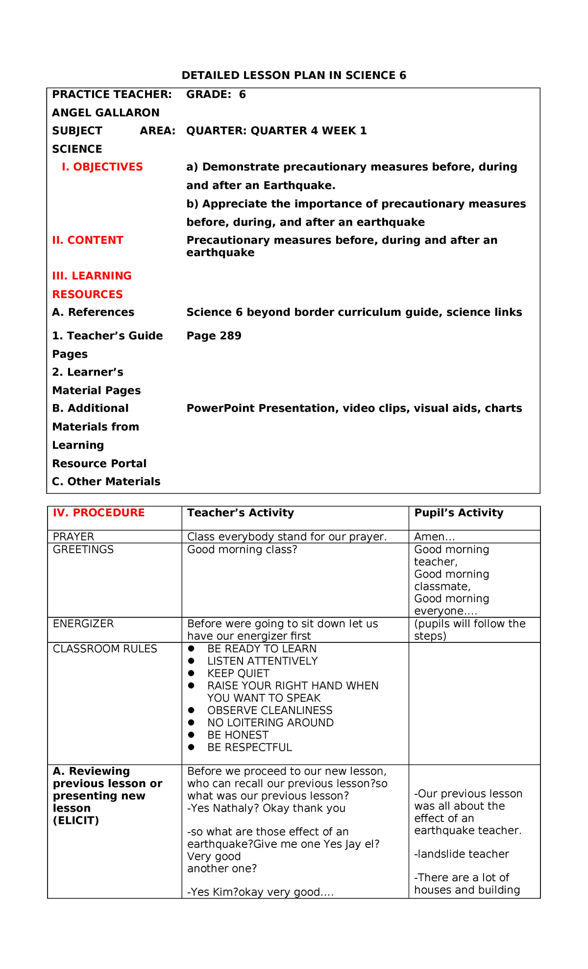 Detailed Lesson Plan: Science 6 - Earthquake Precautions (Q4 W1) - Studocu