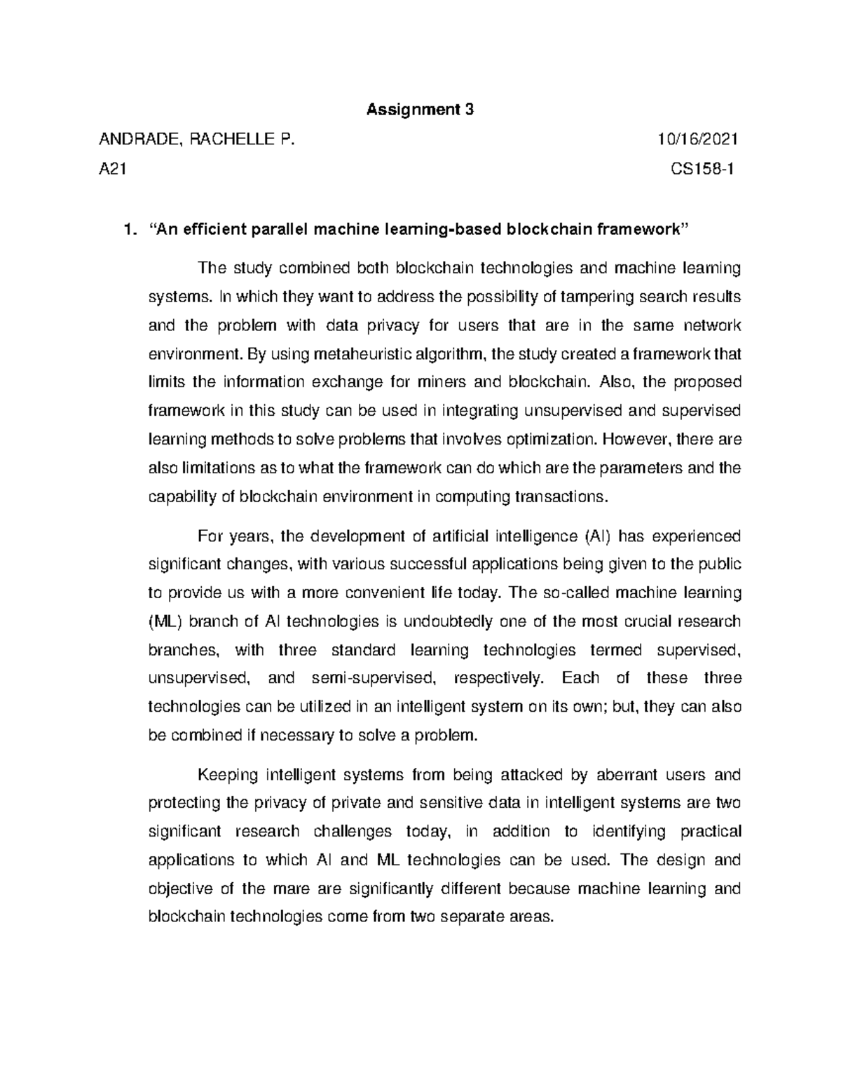 Assignment 3 - 10/16/ A21 CS158- 1 “An efficient parallel machine learning-based blockchain ...