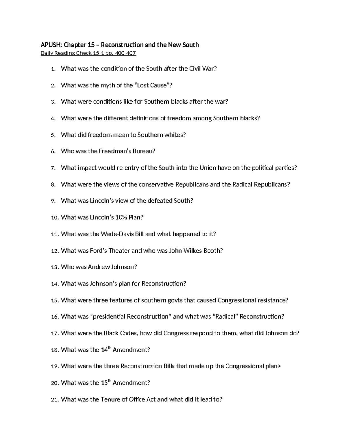 APUSH - Chapter 15: Reconstruction Daily Reading Check 15-1 - Studocu