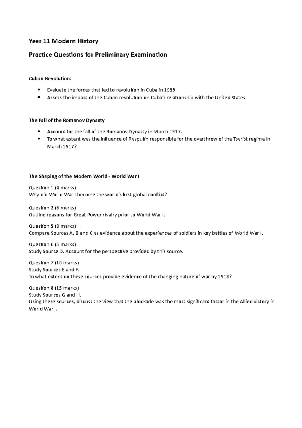Year 11 Modern History Prelim Exam Practice Questions - Studocu