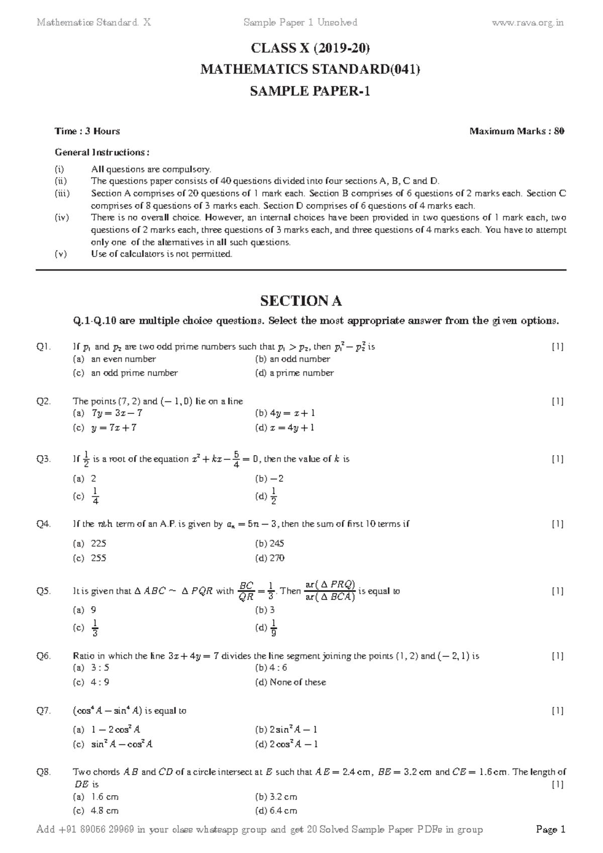 Mathematics Class X (041) Sample Paper 1 Unsolved - 2019-20 - Studocu