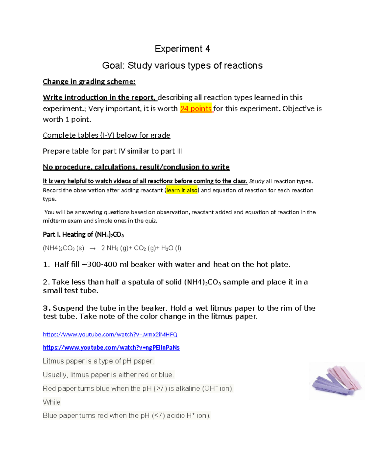 Experiment 4 Notes: Types of Reactions & Observations (Spring 2024 ...