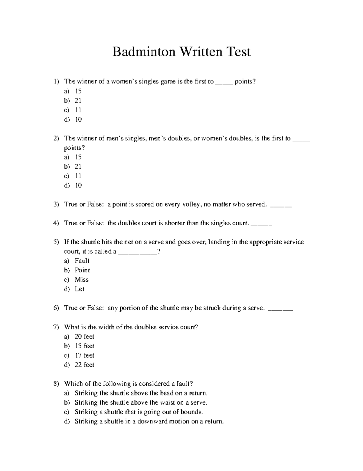 Badminton Quiz: Key Rules and Scoring for Singles & Doubles - Studocu