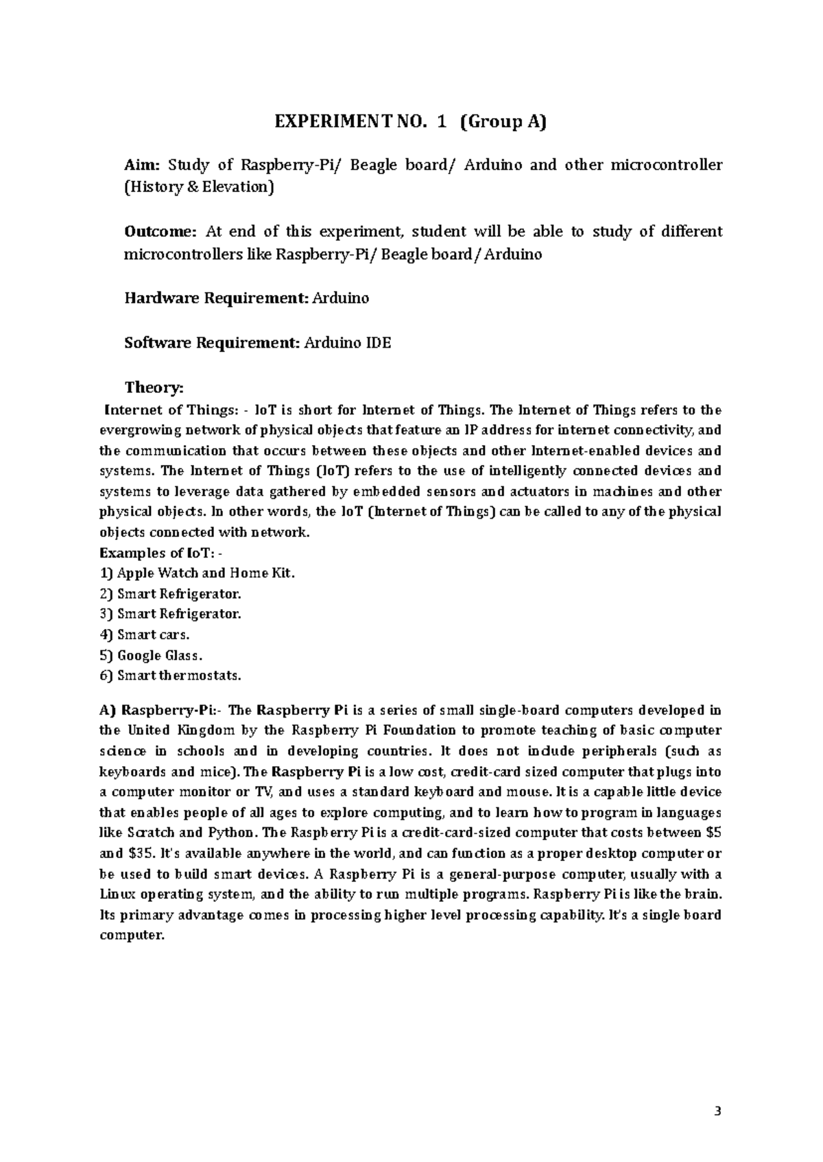 EXP 1 IOT - IOT PRACTICALS - EXPERIMENT NO. 1 (Group A) Aim: Study of Raspberry-Pi/ Beagle board ...