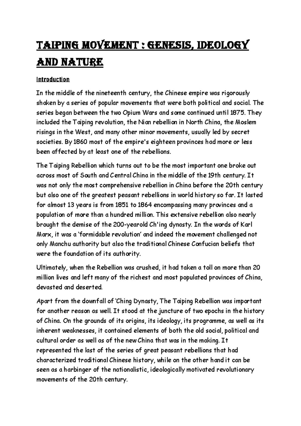 Taiping Rebellion (HIST 101): Key Concepts and Analysis - Studocu