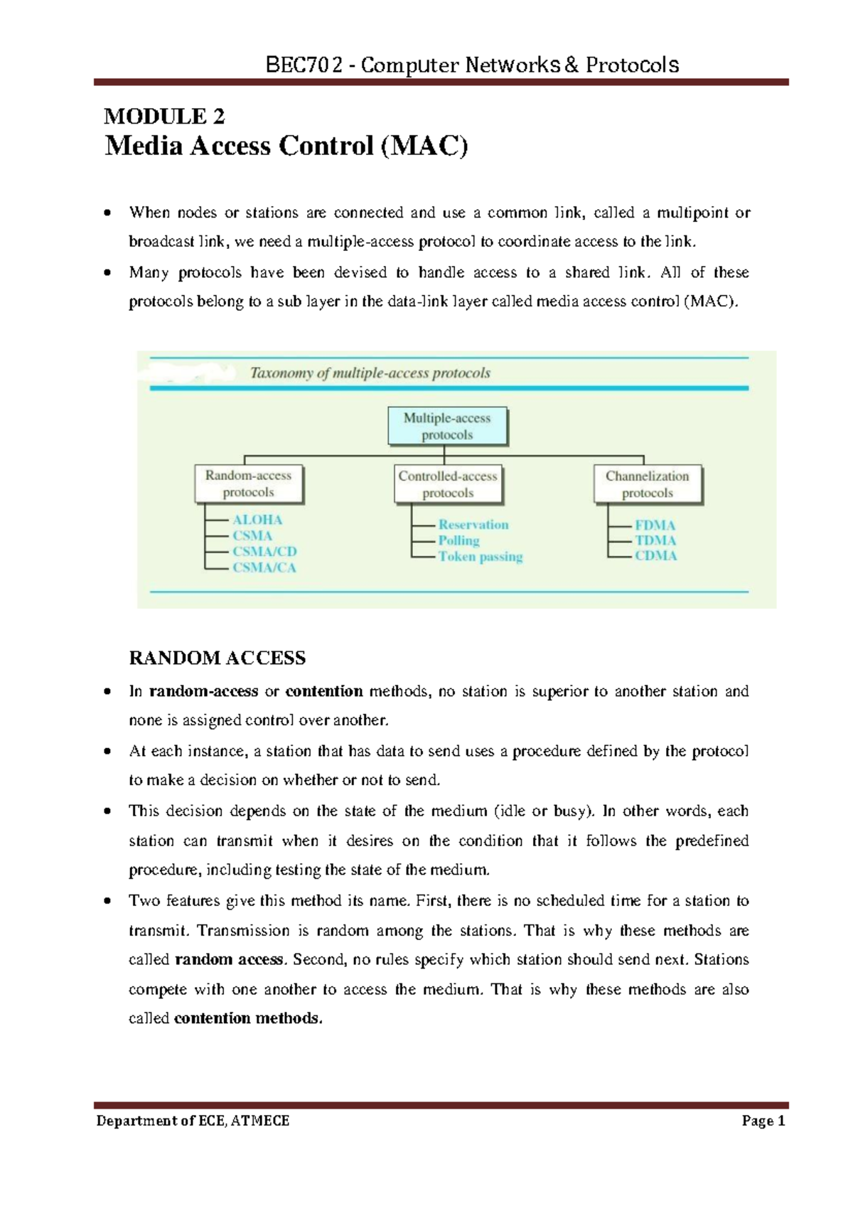 BEC702 Computer Networks Protocols: Media Access Control (MAC) Overview ...