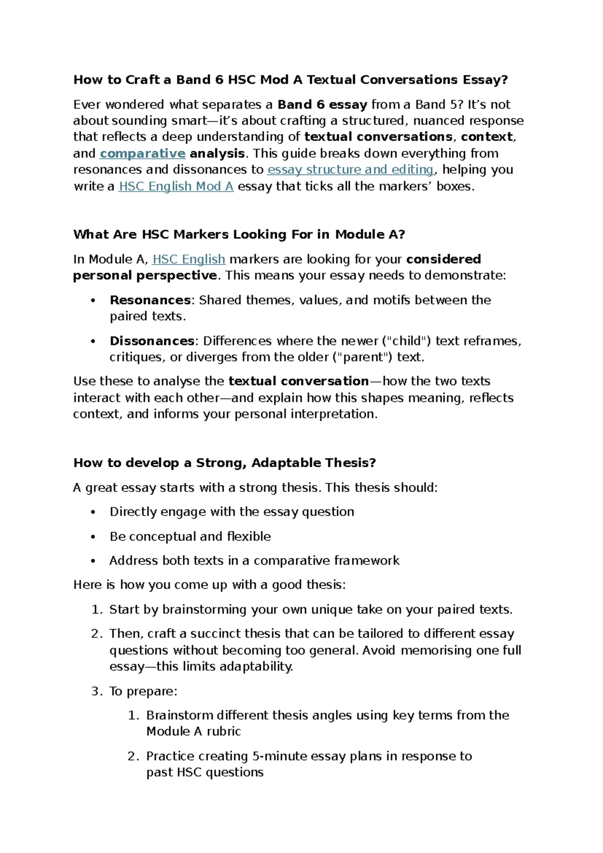 Crafting a Band 6 HSC Mod A Textual Conversations Essay Guide - Studocu