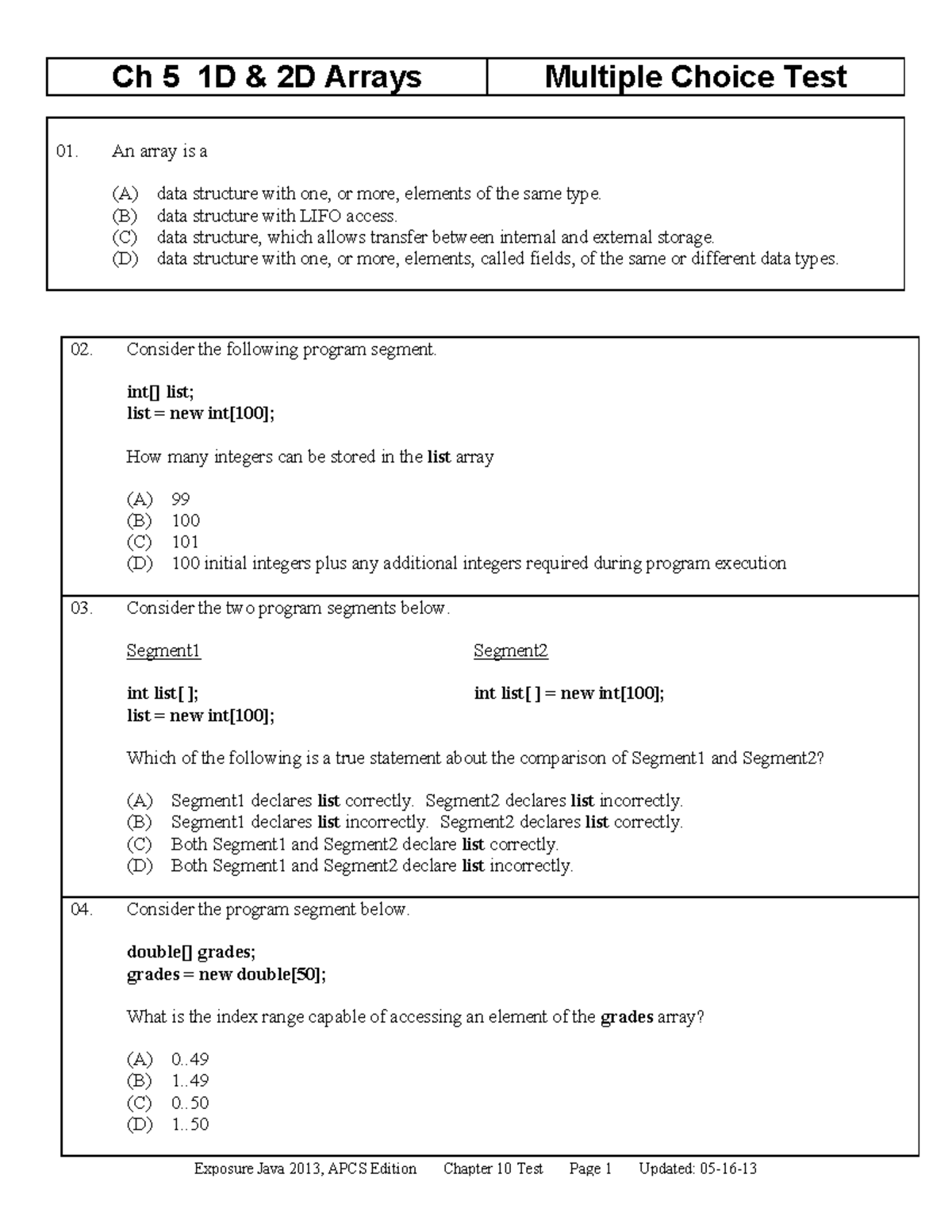 Arrays - Multiple Choice Questions for Ch 5 (1D & 2D Arrays) - Studocu