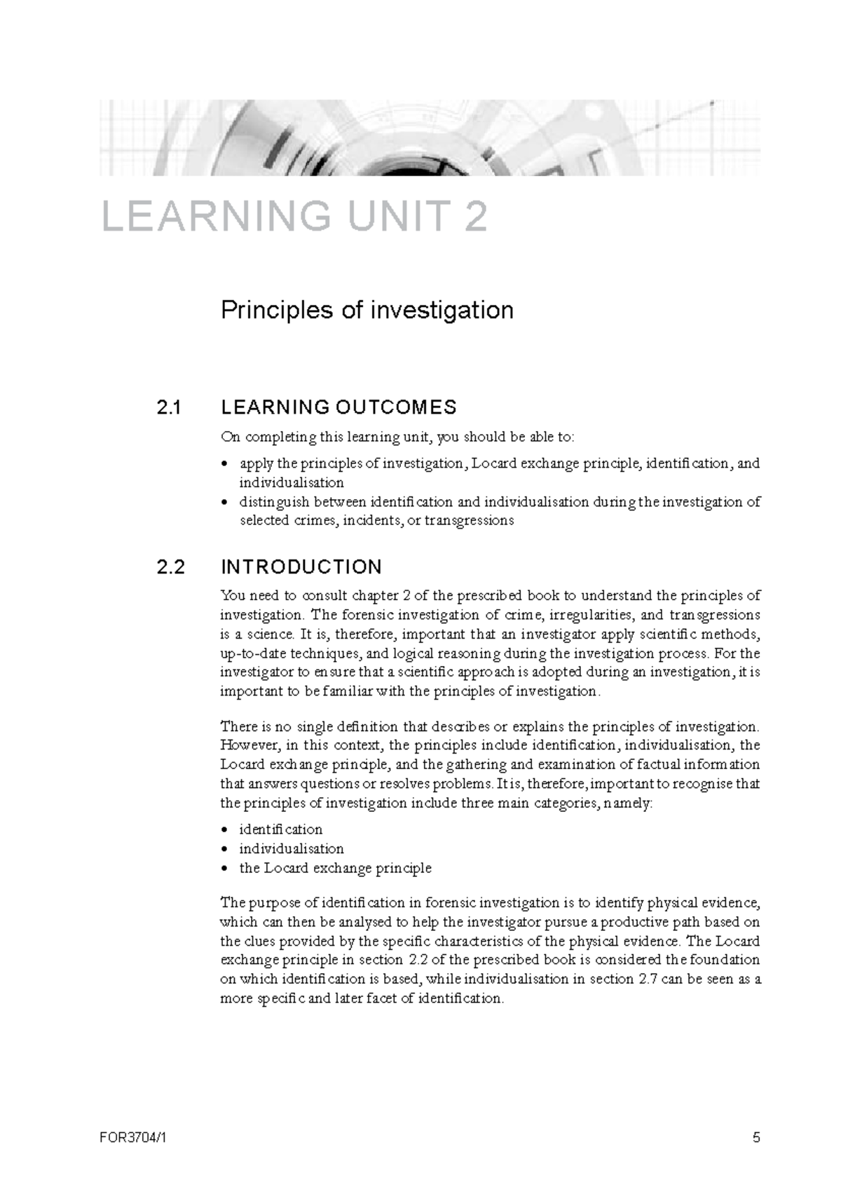 Principles of Investigation - Learning Unit 2 FOR3704-SG01 - Studocu