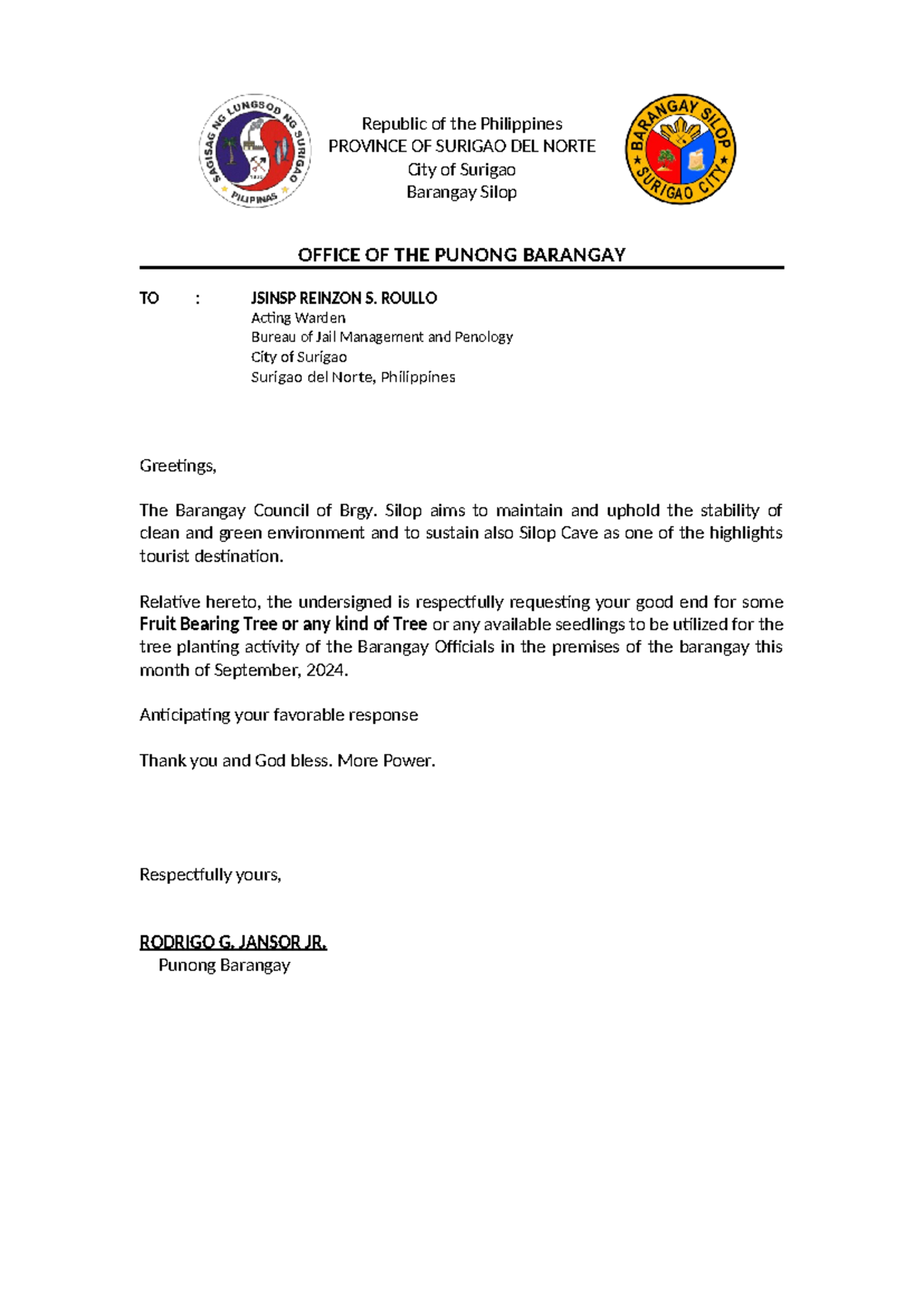 Request Letter for Tree Planting Activity - Brgy. Silop - Studocu