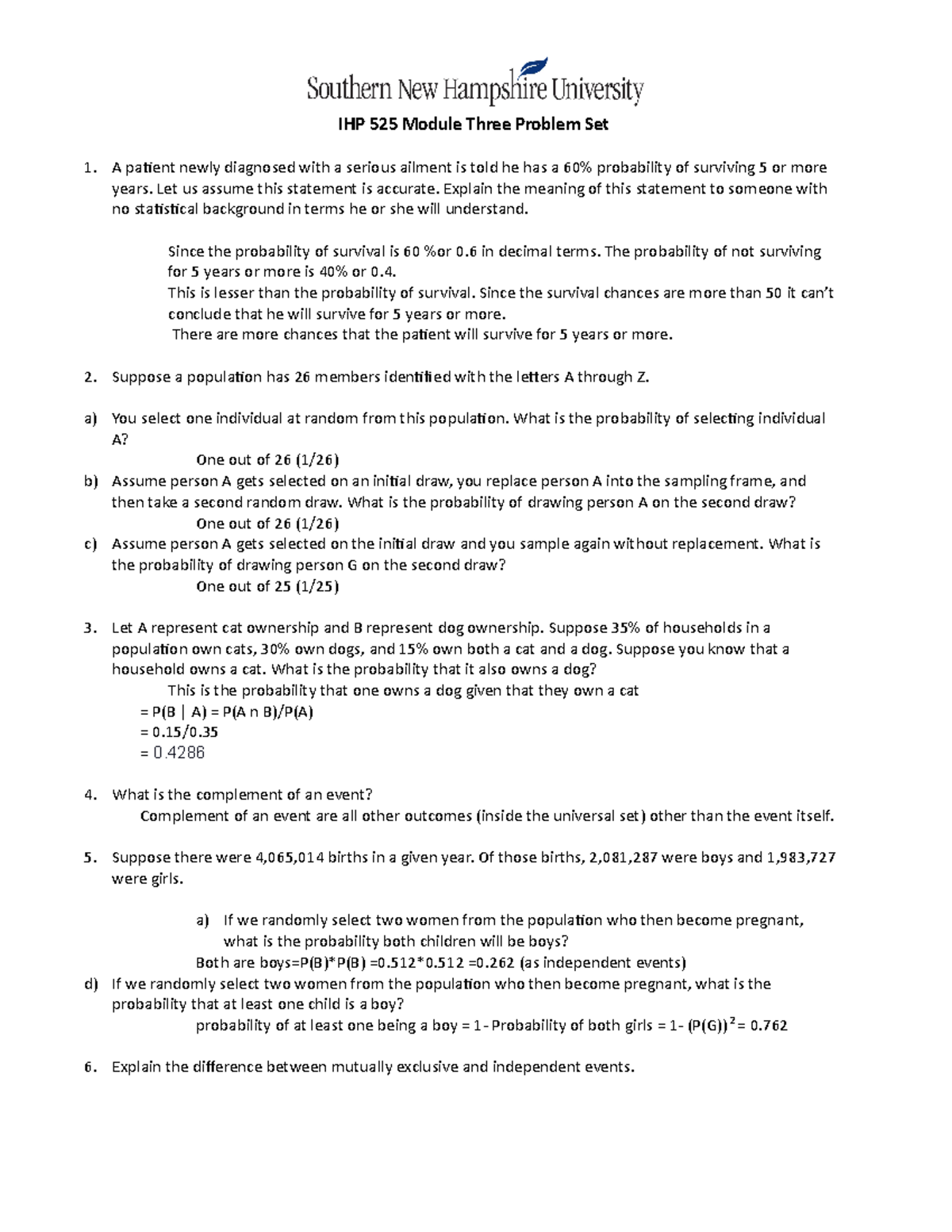 IHP 525 Module Three Problem Set - Probability Concepts & Problems ...