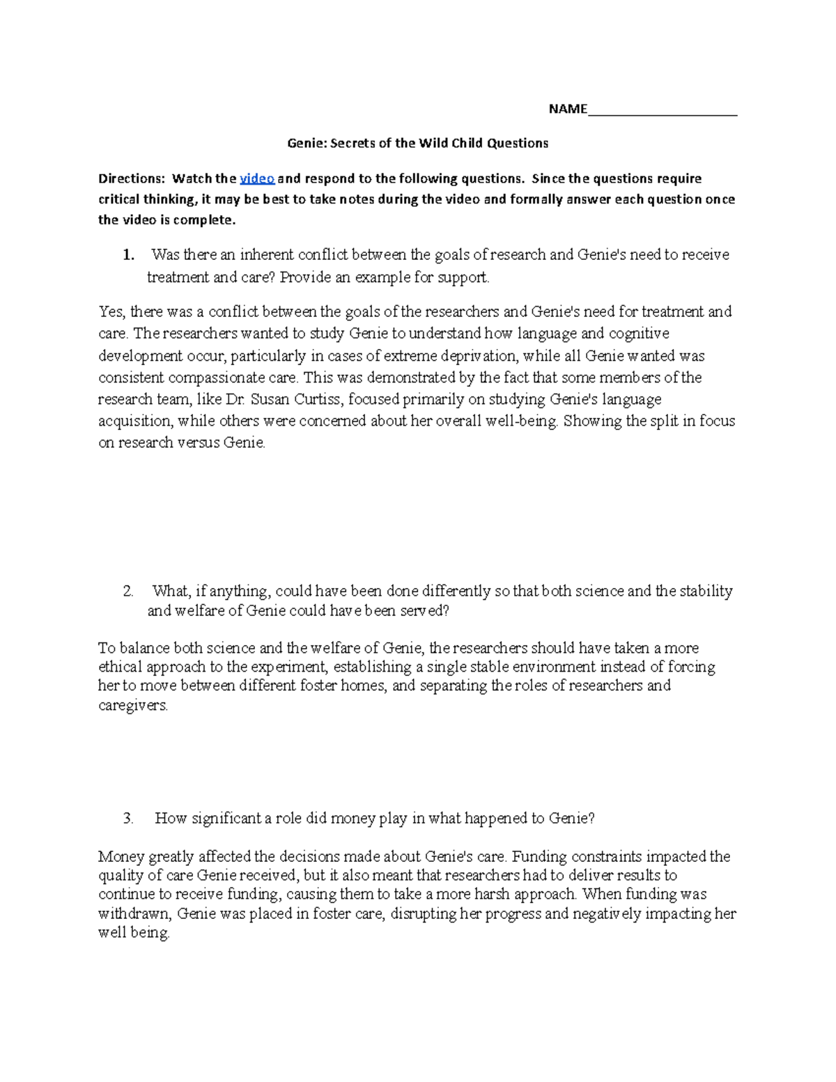 Genie Secret of the Wild Child - NAME____________________ Genie ...