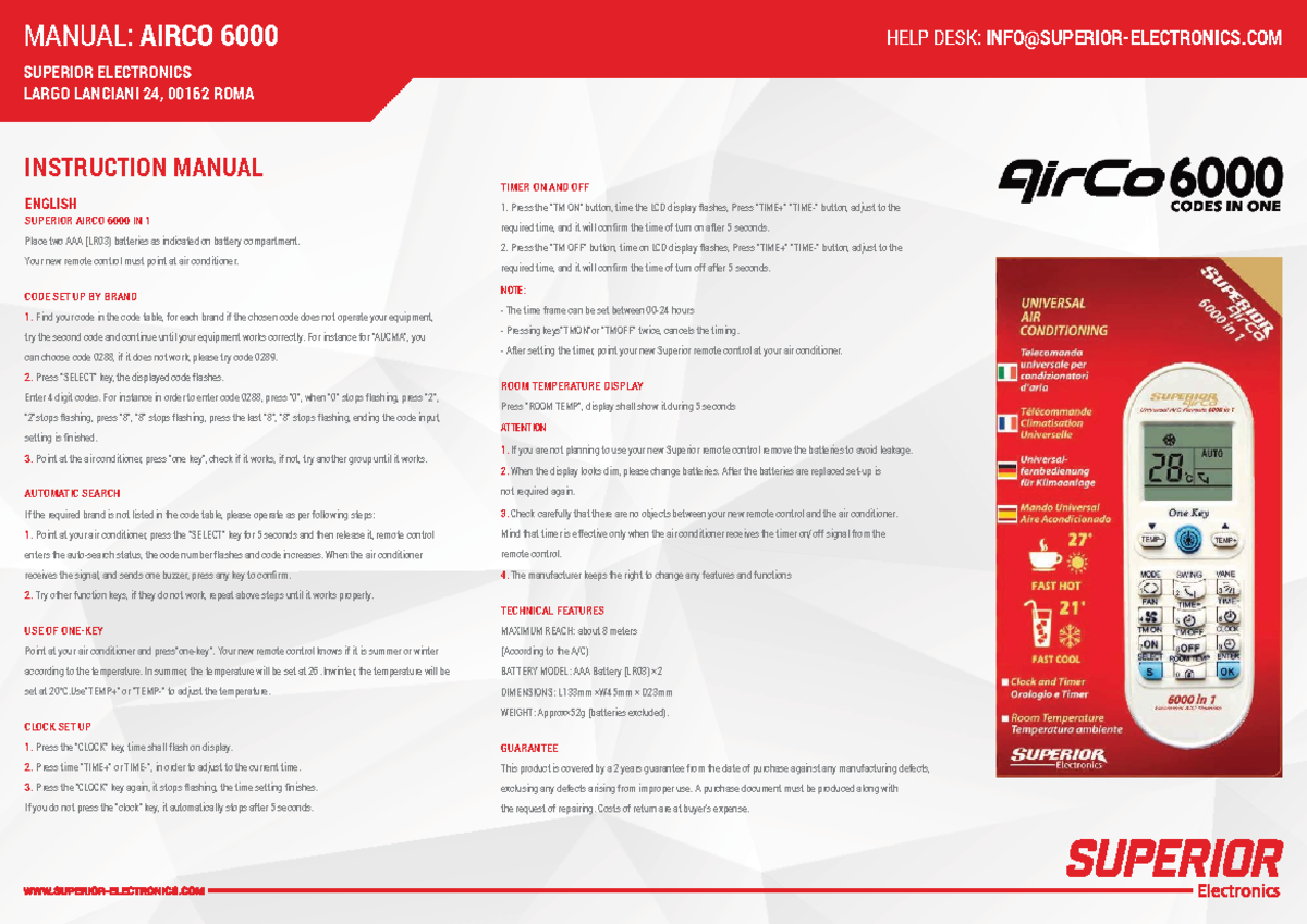 SUPERIOR AIRCO 6000 MANUAL: MULTI-LANGUAGE INSTRUCTIONS - Studocu