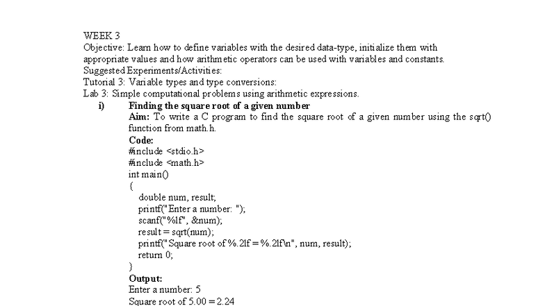 C Programming Lab 3: Variable Initialization & Arithmetic Operations ...