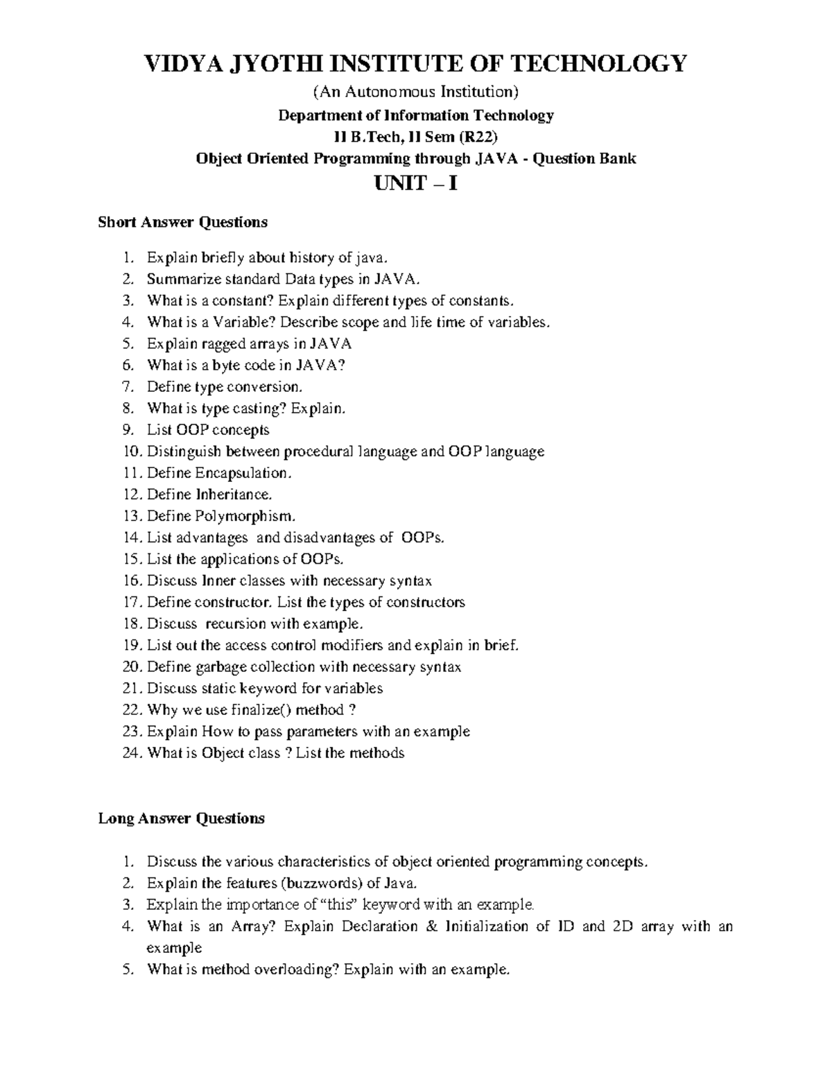 OOP JAVA Question Bank R22 - II B.Tech, II Sem Short Answer & Long Answer - Studocu