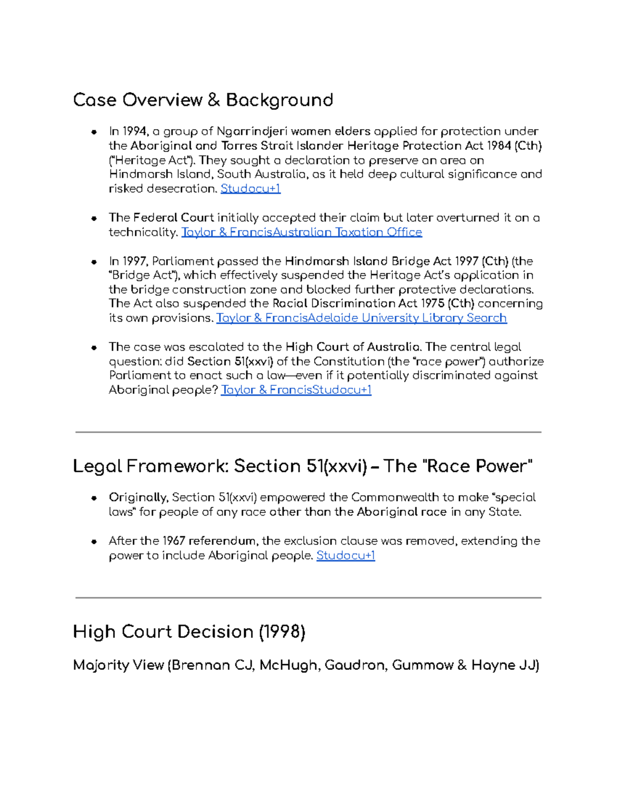 HINDMARSH ISLAND BRIDGE ACT CASE STUDY: LEGAL ANALYSIS & OUTCOMES - Studocu