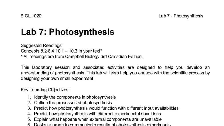 BIOL 1020 Lab 7: Exploring Photosynthesis Through Experiments - Studocu