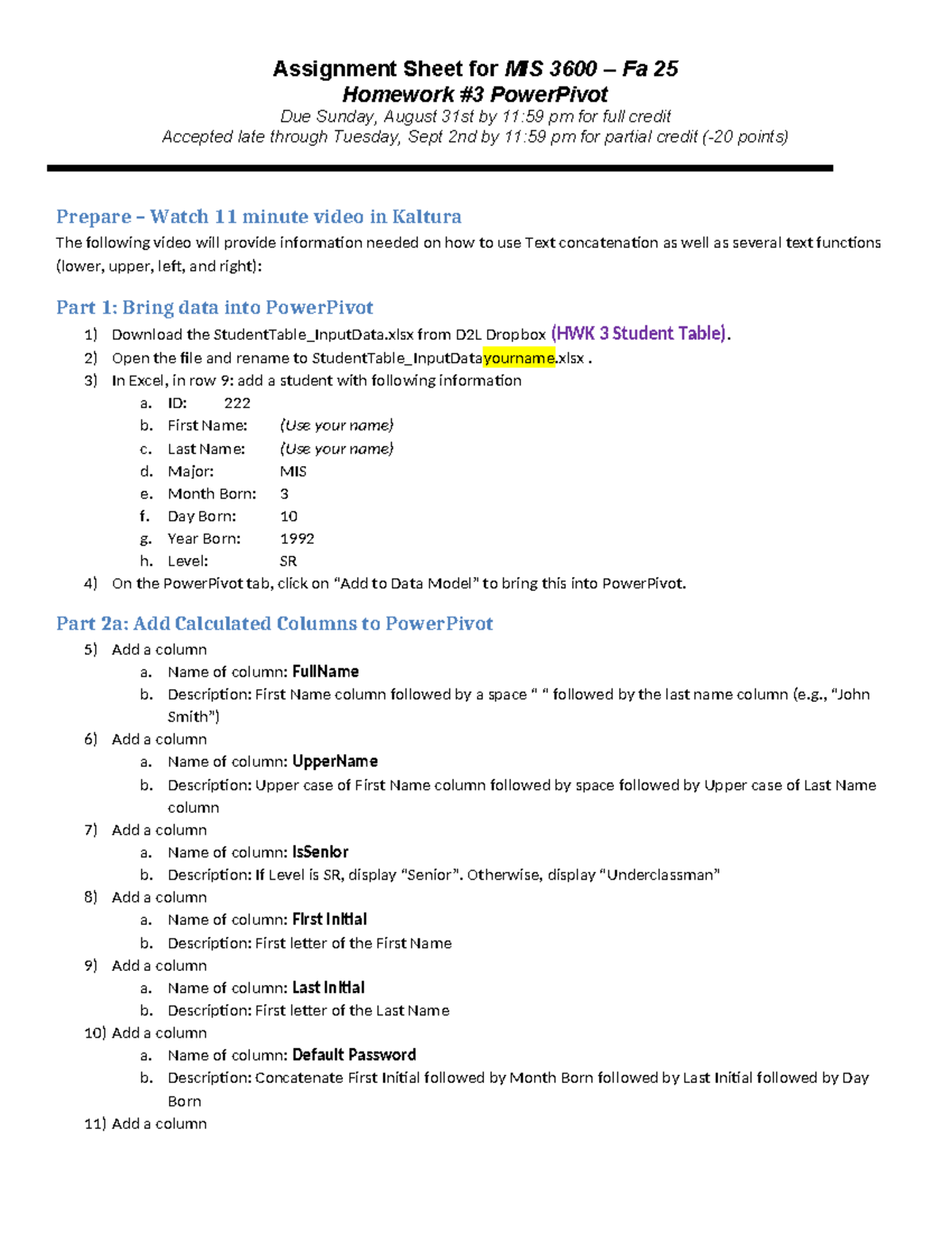 Fa 25 MIS 3600 Homework 3: PowerPivot Assignment Instructions - Studocu