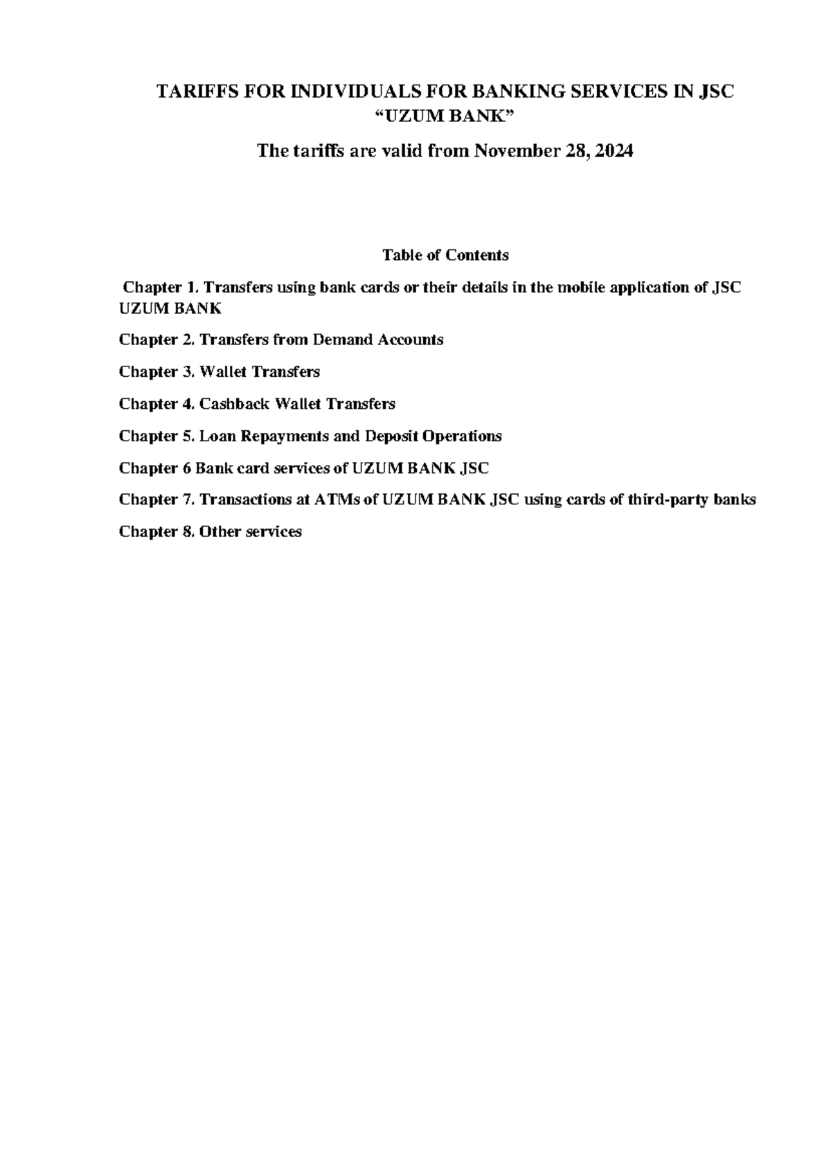 Tariffs 28 11 2024 en - Great - TARIFFS FOR INDIVIDUALS FOR BANKING ...