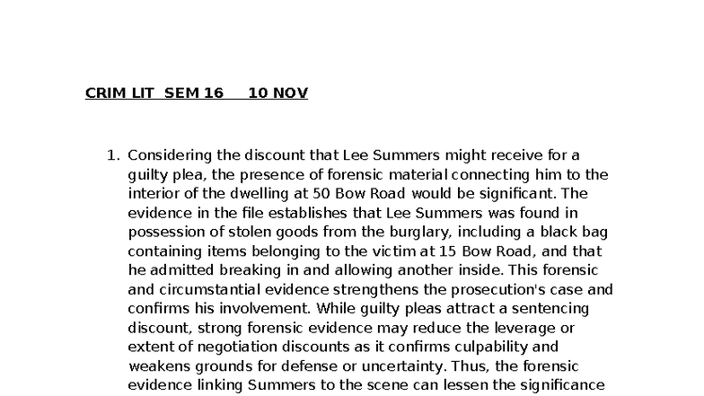 CRIM LIT SEM 16 10 NOV - Forensic Evidence & Guilty Plea Analysis - Studocu