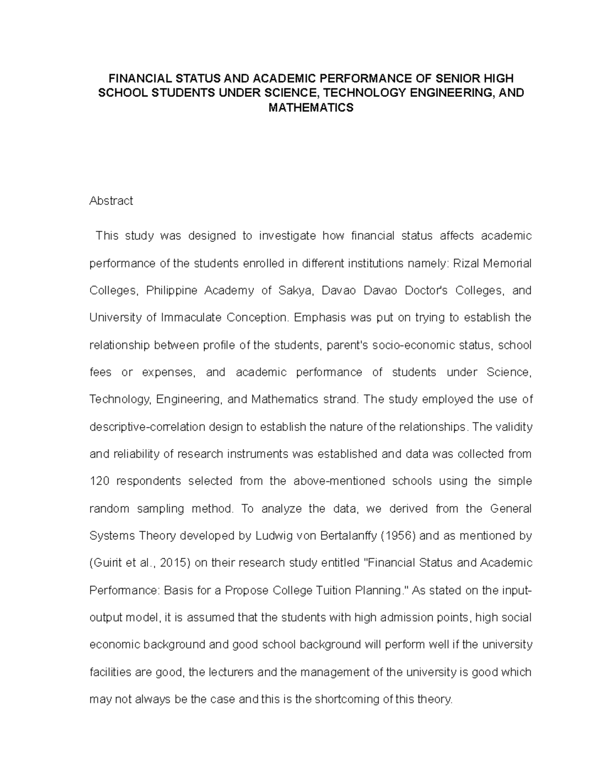 Financial Status & Academic Performance of STEM Senior High Students ...