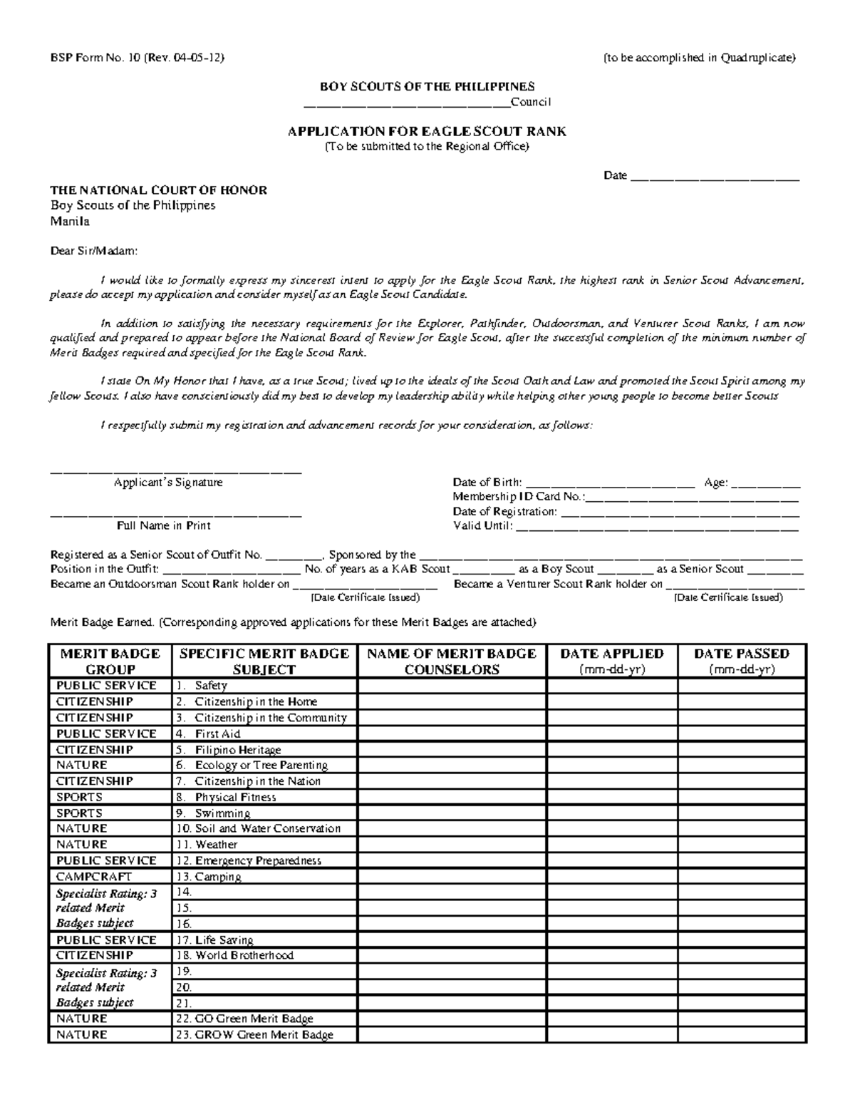 BSP Form No. 10: Application for Eagle Scout Rank (Rev. 04-05-12) - Studocu