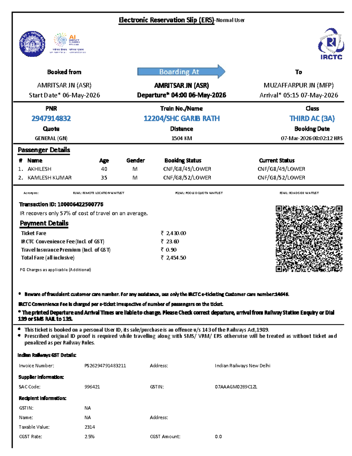Electronic Reservation Slip for Train 2947914832: Booking Details - Studocu
